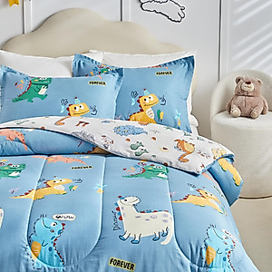 Kids Cotton Comforter Set for Boys Girls Reversible Car Bus Style White 3 PC Bedding Set with Blue Yellow Green Cars Colorful Teens Comforter with Pillow Shams Full Queen 88x88