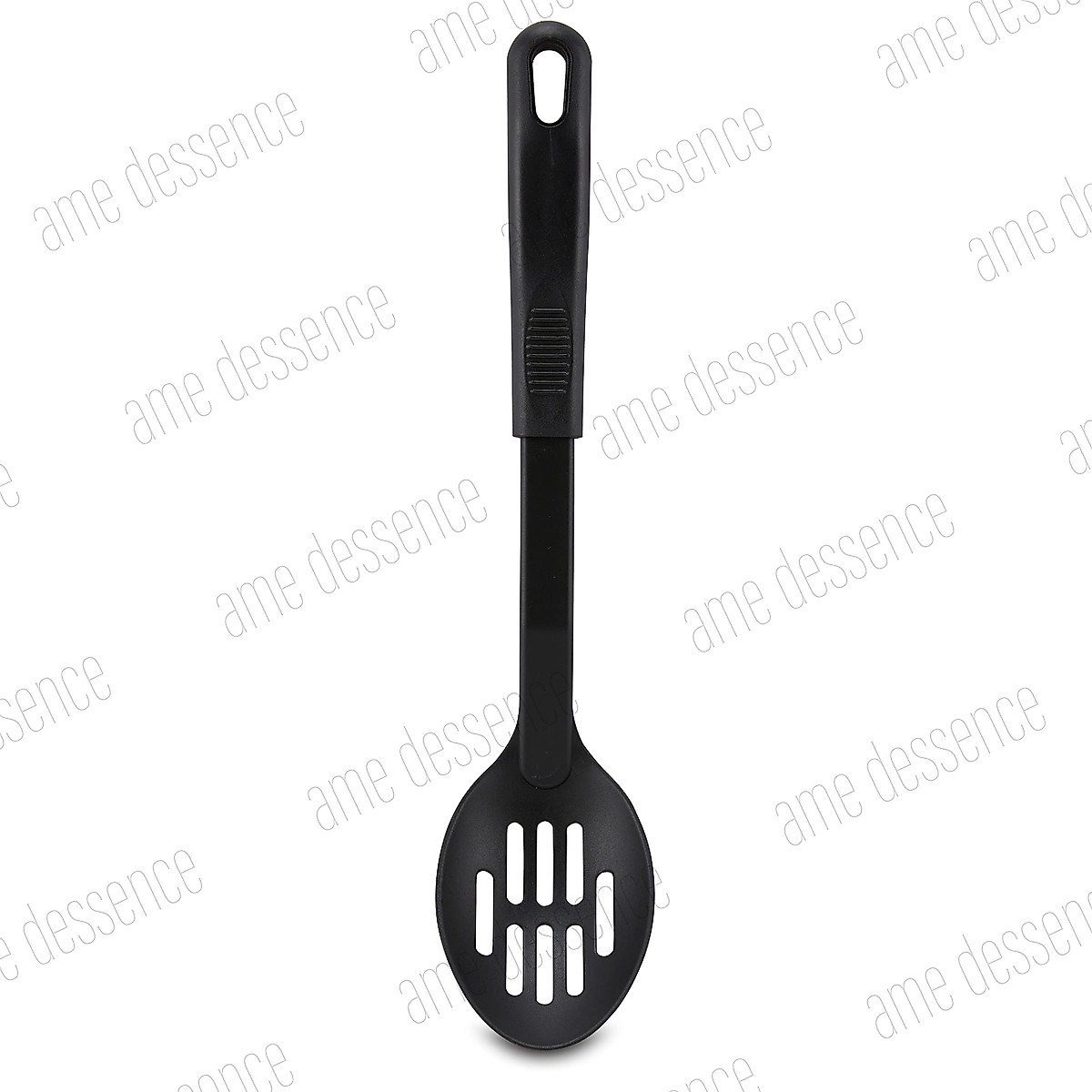 AME D'ESSENCE Slotted Cooking Spoon 11 1/2 inch Black Nylon 410ºF Heat Resistant Serving Spoon with Ergonomic Handle Kitchen Gadgets for Straining