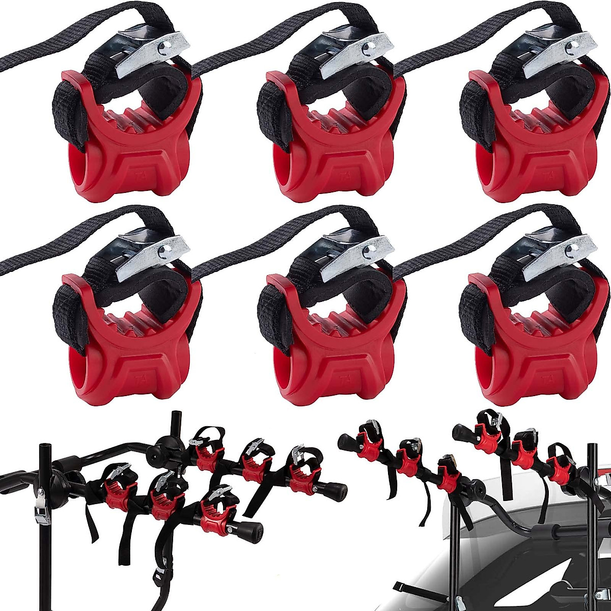 ASENDIWAY 6Pcs/Set Bike Rack Hitch Mount Bicycle Car Bike Rack Strap Replacement Cradles Cargo Carrier Spare Hooks with Rubber Straps 1-1/4"&2" Bike Rack PartsTruck Hitch Red&Black Tie-Down Straps