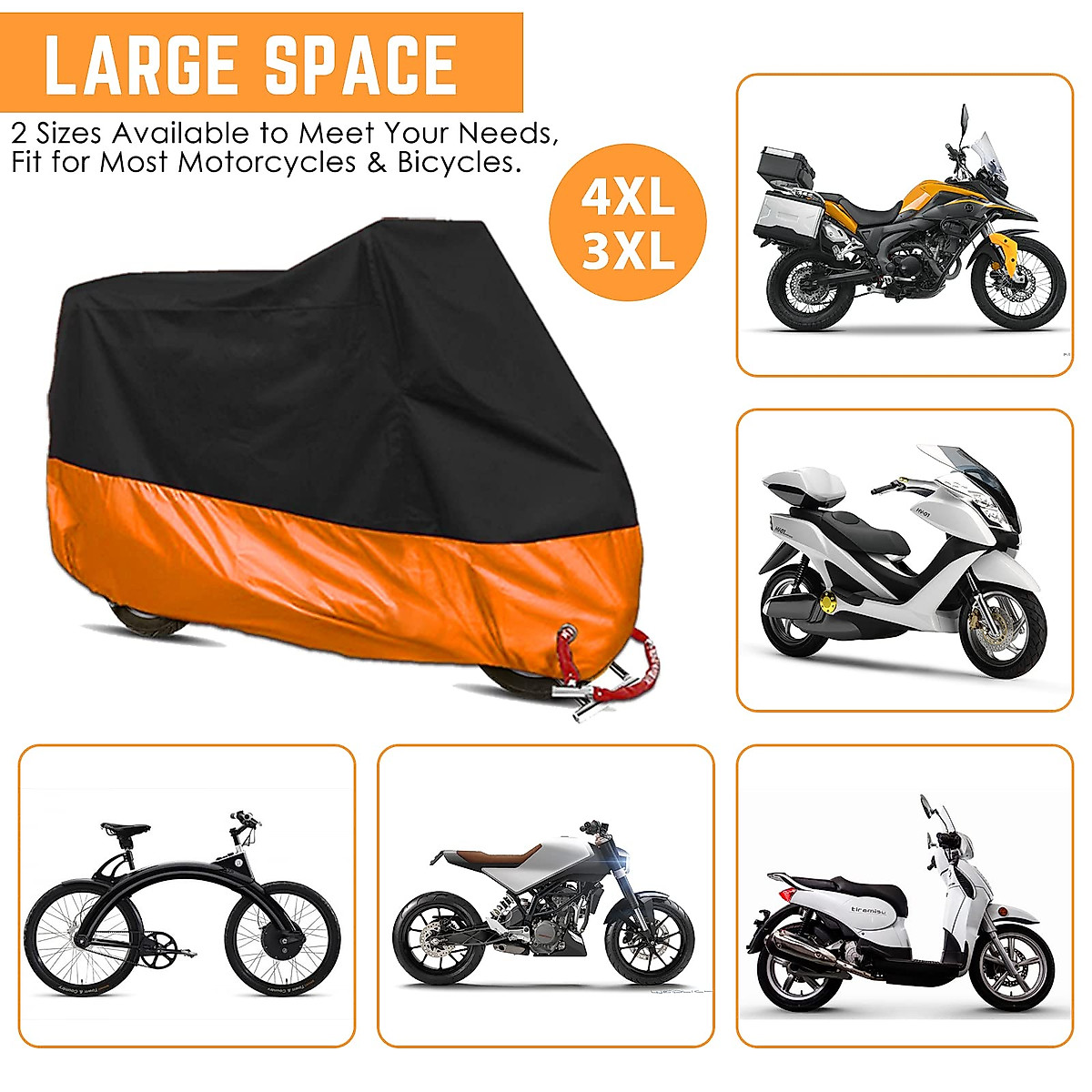 Acelane Motorcycle Cover, All Season Waterproof Outdoor Dustproof Durable Vehicle Cover with Lock Holes Fits up to 116 inches for Harley Davidson, Honda, Suzuki,Yamaha and More