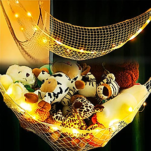 Shappy 2 Pack Stuffed Animal Toy Hammock with LED Light Large Organizer Display Holder Net Boho Corner Hanging Storage 13 Feet String and Hooks for Nursery Bedroom Kids Room Decor