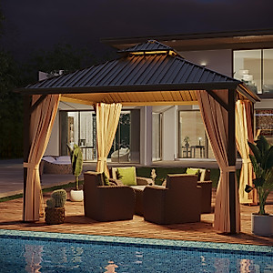 GAZEBEST 12x12 ft Hardtop Gazebo Outdoor Aluminum Patio Gazebo Double Roof Galvanized Steel Canopy with Netting and Curtains for Garden, Backyard,Deck and Lawns