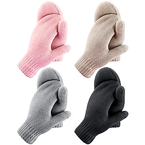 Newcotte Winter Gloves for Women Warm Lining Mittens Fleece Thick Wool Gloves Cable Knitted Mittens for Winter Cold Weather(Black, Camel, Light Grey, Pink,4 Pairs)
