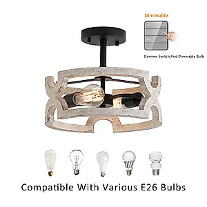 9MMML Flush Mount Ceiling Light, Wood Drum 2 Lights Ceiling Light Fixtures, Rustic Farmhouse Ceiling Lamp for Entryway Hallway Bedroom,E26