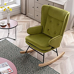 ZHENGHAO Velvet Rocking Chair, Upholstered Glider Nursery Rocker Chair with High Back, Mid Century Modern Lounge Arm Chair Comfy Side Chair for Living Room/Bedroom, Green