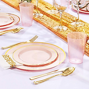 BUCLA 150PCS Pink Plastic Plates With Gold Rim - Pink Plates with Gold Plastic Silverware -Pink Disposable Plates for Easter Party, Bridal Shower, Mother’s Day and wedding