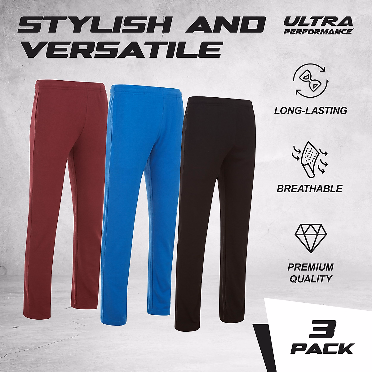 Ultra Performance 3 Pack Mens Sweatpants, Wide Leg Open Bottom Lounge Sweat Pants for Men