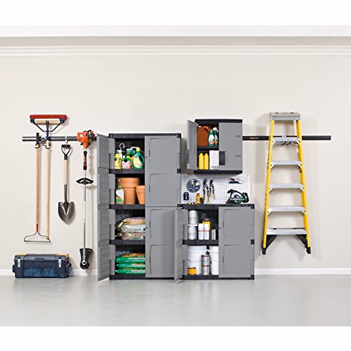 Rubbermaid Freestanding Storage Cabinet, Five Shelf with Double Doors, Lockable, Large, 690-Pound Storage Capacity, Gray, For Garage/Outdoor Storage of Garden Tools/Toys/Power Tools/Pool Accessories