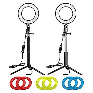 Neewer Video Conference Lighting Kit for Zoom Call Meeting/Self Broadcasting/Remote Working/YouTube/TikTok Video/Live Streaming: 2-Pack 6-inch Dimmable LED Ring Light with Tripod Stand & Color Filter