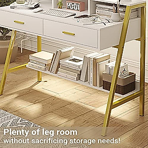 Tiptiper Modern Computer Desk with Drawers, Home Office Desk with Monitor Stand and Built-in Hutch, Writing Desk Workstation Table with Bookshelf, for Work & Study, White and Gold