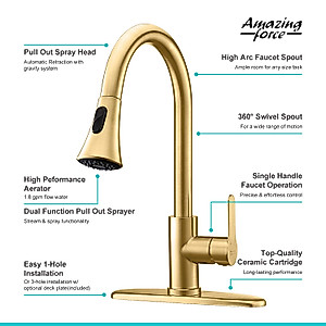 AMAZING FORCE Gold Kitchen Faucet Modern Pull Out Kitchen Faucets Stainless Steel Single Handle Kitchen Sink Faucet with Pull Down Sprayer 3 Hole Kitchen Faucet Mixer Tap 1.8 GPM
