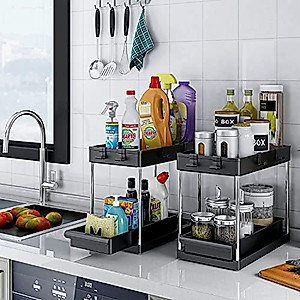 BuyBuyQUEEN 2-Tier Under Sink Organizer, Sliding Under Bathroom Cabinet Storage Drawer Organizer with 4 Hooks & 2 Dividers, Multi-purpose Under Sink Shelf Organizer for Bathroom Kitchen (Black_1 Pack)