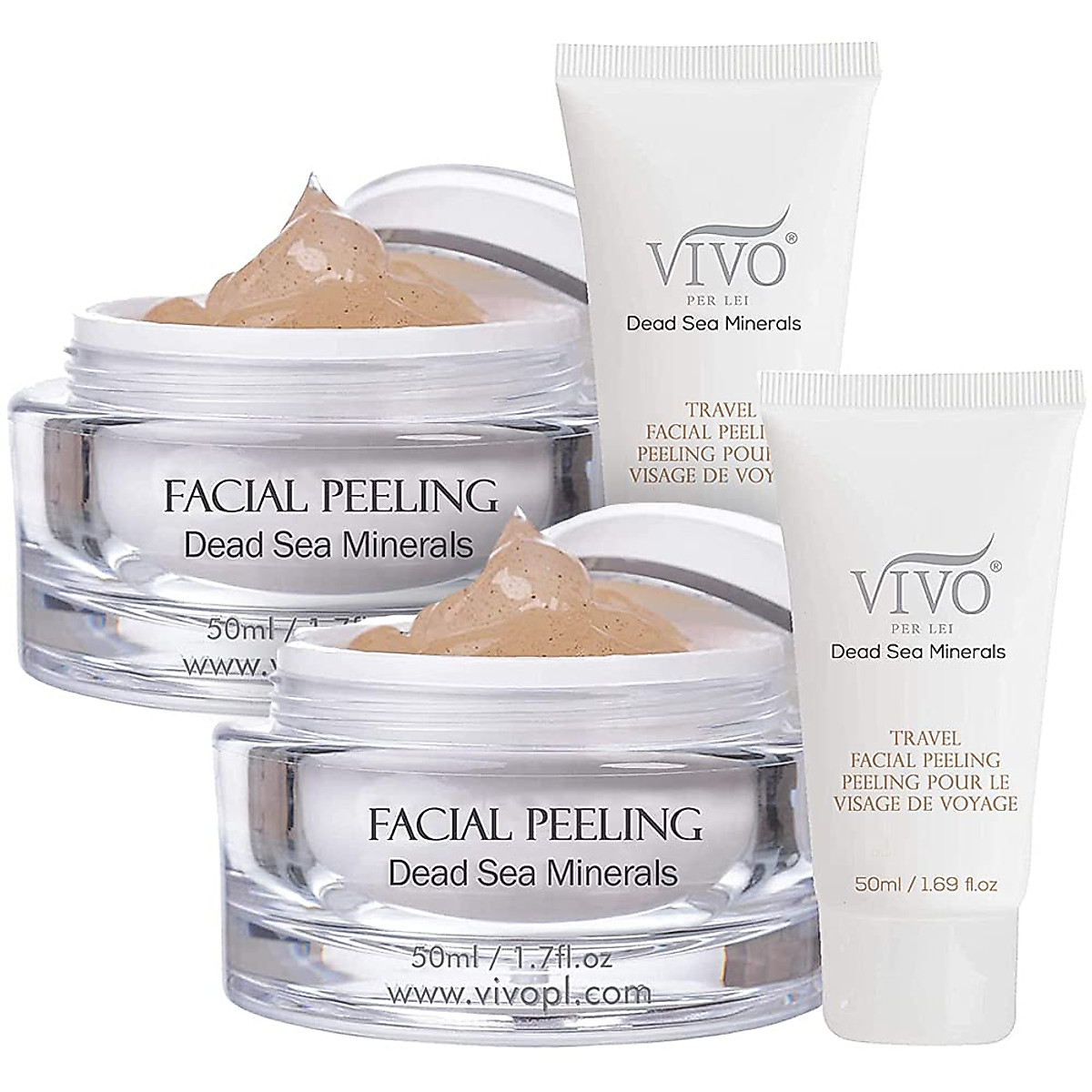 Vivo Per Lei Facial Peeling Gel - Face Peel Containing Dead Sea Minerals and Nut Shell Powder - Exfoliating Gel And Blackhead Remover (Pack of 2) Includes 2 Travel Facial Peel tubes