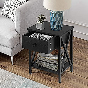 VECELO Versatile Nightstands X-Design Side End Table Night Stand Storage Shelf with Bin Drawer for Living Room Bedroom,Black
