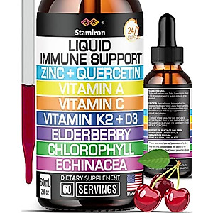Zinc Quercetin Vitamin C D3 Liquid Immune Support with Vitamin A K2 Echinacea Chlorophyll and Elderberry - 9in1 Immune Defense Drops Complex for Immunity Health Respiratory Health - 60 Servings