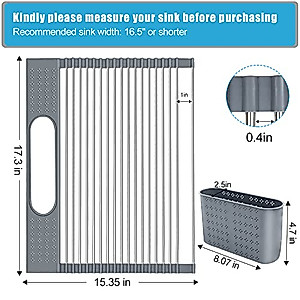 Roll Up Dish Drying Rack, Over the Sink Dish Drying Rack for Kitchen Counter Sink, Stainless Steel Sink Drying Rack with Utensil Holder, Multipurpose Foldable Kitchen Sink Rack Mat -Grey(17.3" x15.3")