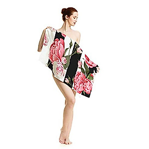 oFloral Peony and Rose Floral Hand Towels Cotton Washcloths,Pink Flower Green Leaves with Black White Stripes Soft Towels for Bathroom Kitchen,Hand Towel 15X30 Inch