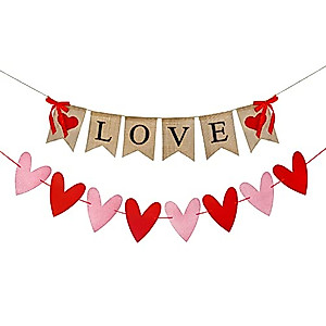 Valentines Day Decor, Love Burlap Banner Valentines Decorations Hanging Heart Garland Rustic Valentine Décor for Home Red Glittery Heart Banner Decor for Mantle Fireplace Wall