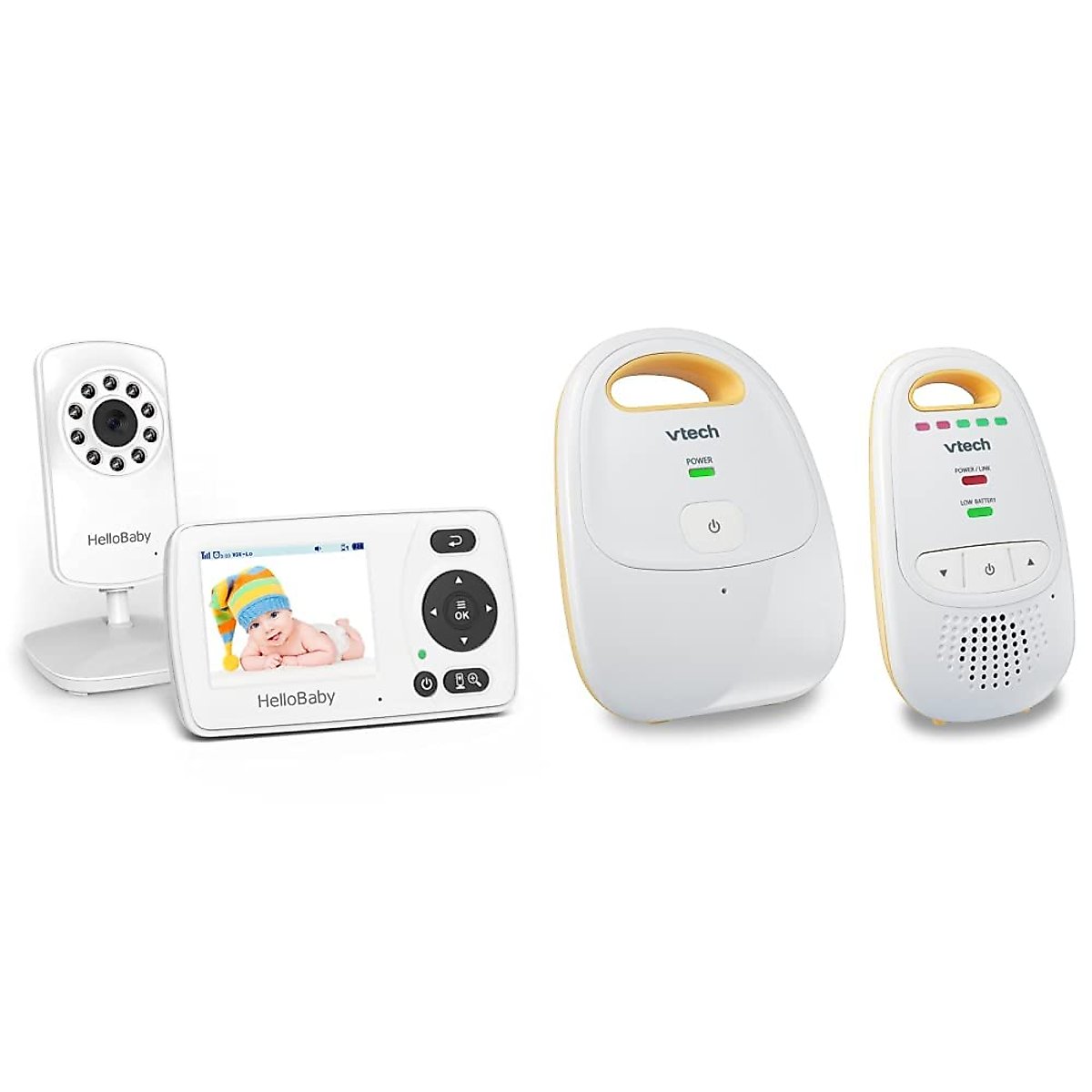 HelloBaby Smart HB30 Monitor, No WiFi, No Apps, Up to 1000ft Range, Voice Activation System, 2.4” TFT Display & VTech DM111 Upgraded Audio Baby Monitor. 1 Parent Unit with Rechargeable Battery