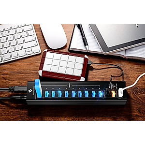 SmartDelux Powered USB Hub - USB 3.0 Ports Hub with 3 Smart Charging Ports, Power Adapter, Long Cord, LEDs (13-Port USB Hub)