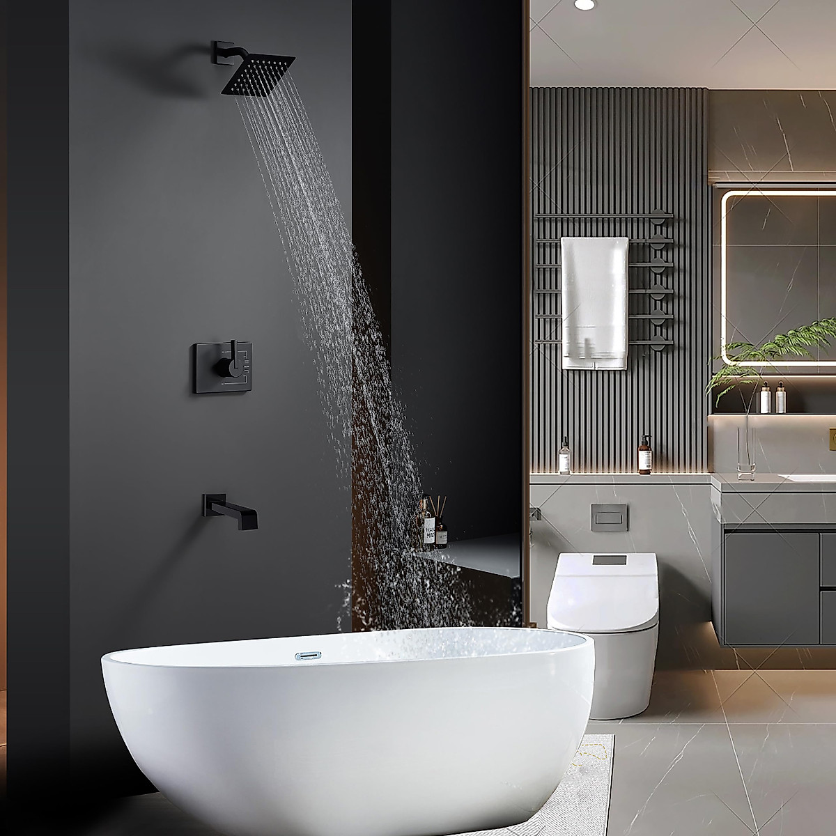 SOOOHOT Shower Fixtures, Black Shower Faucet Set with 6 Inch Matte Black Shower Head and Tub Spout, Black Shower Head and Handle Set (Valve Included)