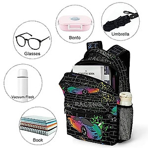 MEIKKO Colorful Sports Cars Backpack Funny Racecar Computer Bags with Chest Strap,Lightweight Casual Daypack for Women Men Hiking Travel Work and Business 16 Inch