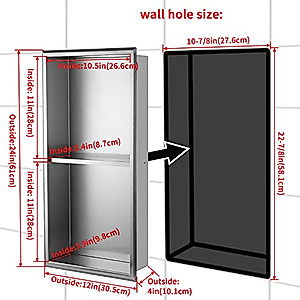 Sanbege 12"×24" Shower Niche with Divider, Brushed Stainless Steel Bathroom Shelf Insert, Double Recessed Shower Caddy Fits for 10-7/8" x 22-7/8" Wall Hole Installation (Nickel)