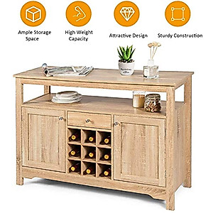 ReunionG Buffet Sideboard, Wine Console Table, Wooden Kitchen Organizer w/2 Cabinets, 1 Drawer and 9 Wine Cabinets, Farmhouse Storage Cupboard, Wine Rack, Server Table, Dining Room Furniture (Natural)