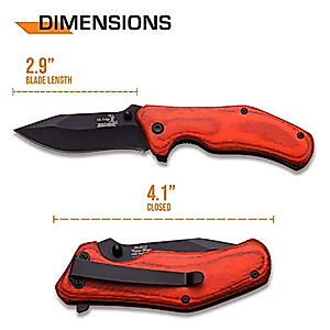 Elk Ridge - Outdoors Spring Assisted Folding Knife - 2.9-in Black Stainless Steel Blade, 4.1-in Closed, Red Wood Handle, Pocket Clip - Hunting, Camping, Survival, EDC - ER-A013RW