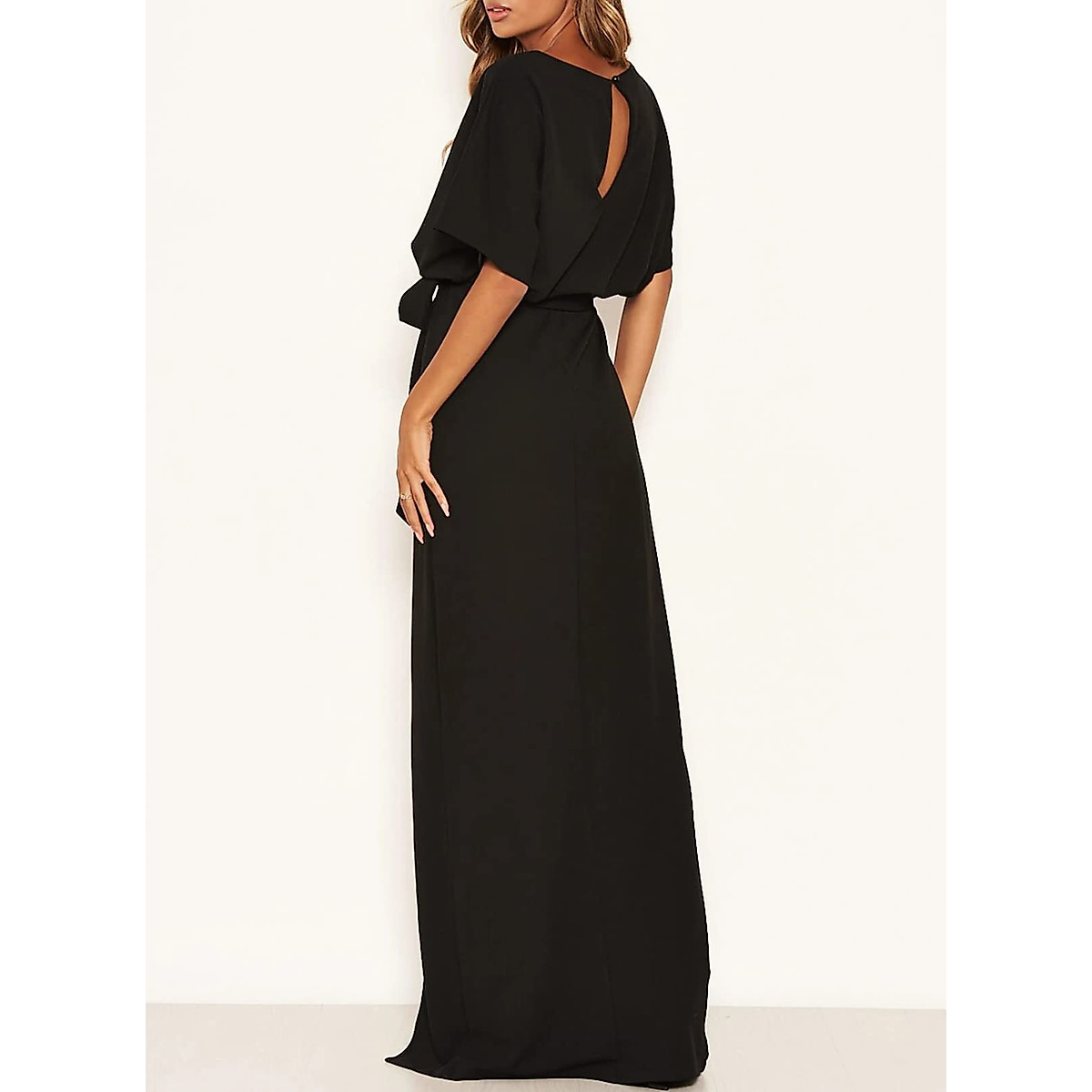 Happy Sailed Womens Batwing Sleeve Tie Waist Long Maxi Dress Side Split Formal Party Dresses Evening Gown Black Medium