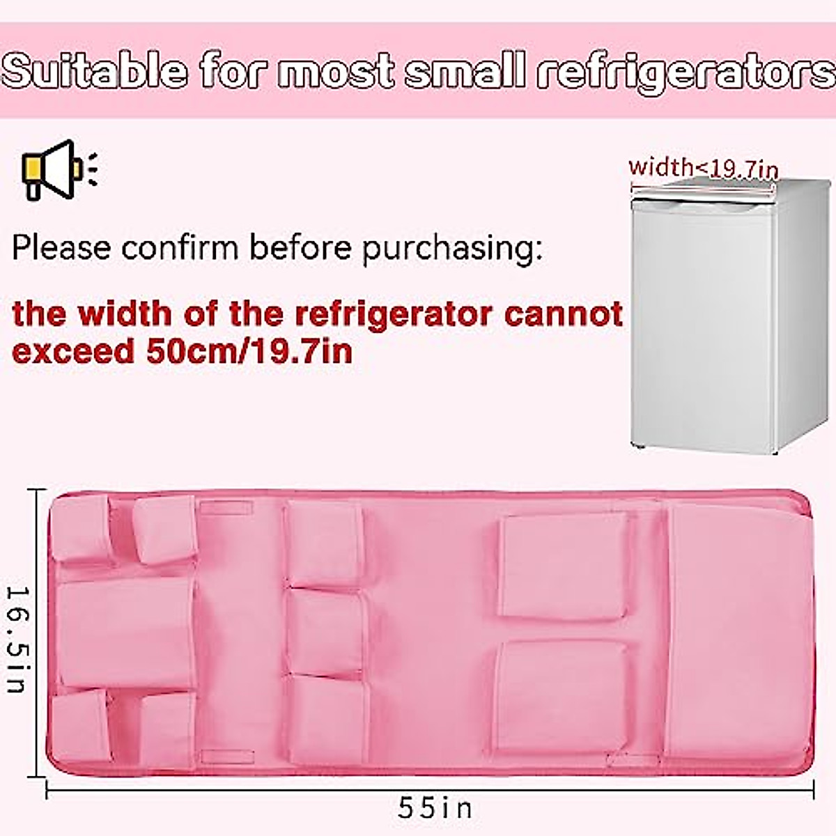 Extended Mini Fridge Caddy Organizer- 55" x 16.5" Dorm and Office Over the Fridge Caddy Organizer with 11Pockets for Flatware Drink Paper Goods- Over the Fridge Storage Organizer for Dorm Office, Pink