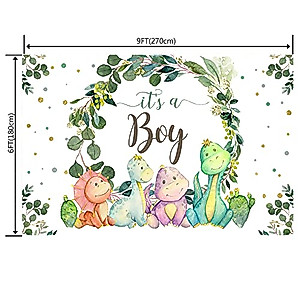 9x6ft It's a Boy Backdrop Baby Shower Cartoon Dinosaur Cactus and Eucalyptus Leaves Photography Background Kids Party Supplies Cake Table Decor Banner Photobooth Props Gift Favors