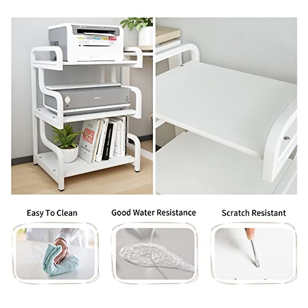 Natwind 3-Tier Printer Stand with Wheels Movable Storage Cart Floor-Standing Multi-Purpose Shelf Rack for Media Player Scanner Files Books Microwave Oven in Kitchen Living Room Home Office (White)