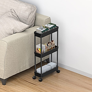 Sooyee 3 Tier Rolling Cart with Wheels,Slim Storage Cart,Narrow Storage Cabinet,Under Desk Storage,Rolling Utility Cart Storage Organizer for Office Bathroom Kitchen Laundry Room Narrow Places, Black