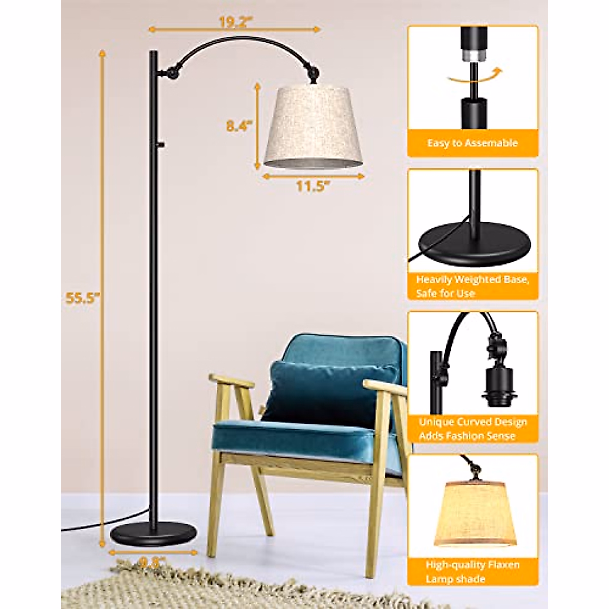 Floor Lamp for Living Room，Modern Lamp with Rotary Switch, Adjustable Tall Standing Reading Lamp with Hanging Linen Shade for Bedroom, Office, Black（3 Color Temperatures Bulb Included ）