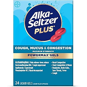 Alka-Seltzer Plus Maximum Strength Cough, Mucus & Congestion Powermax Liquid Gels, Fast and Effective Chest Congestion Relief, Cough Suppressant, For Adults and Children 12 Years and Older 24 Count