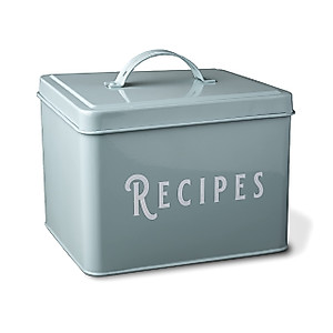 Large Farmhouse Metal Recipe Box With Cards And Dividers - Large Blue Vintage Tin Recipe Box With Card Holder In Handle. Comes With 80 4 X 6 Double Sided Recipe Cards And 20 Dividers.