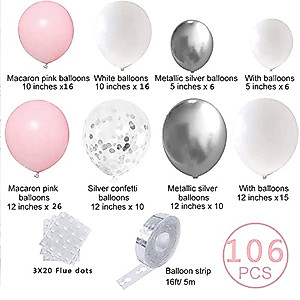 Silver Pink Balloons Garland Kit, 106pcs White and Silver Confetti Metallic Latex Balloons Arch with 16ft Tape Strip & Dot Glue for Girl Baby Shower, Birthday Party, Wedding, Anniversary Decorations