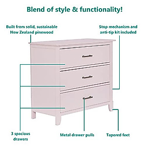 Dream on Me Universal 3 Drawers Chest | Kids Bedroom Dresser | Three Drawers Dresser Mid Century Modern, Blush Pink