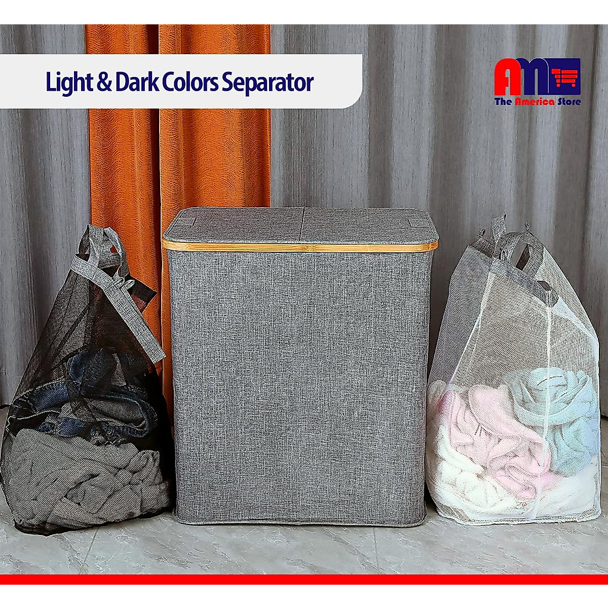 AM The America Store - Double Laundry Hamper with Lid, Divided Laundry Hamper with Removable Bags, 2 Section Dirty Clothes Basket with Handles for Bathroom, Bedroom & Laundry Room, 150L (GREY)