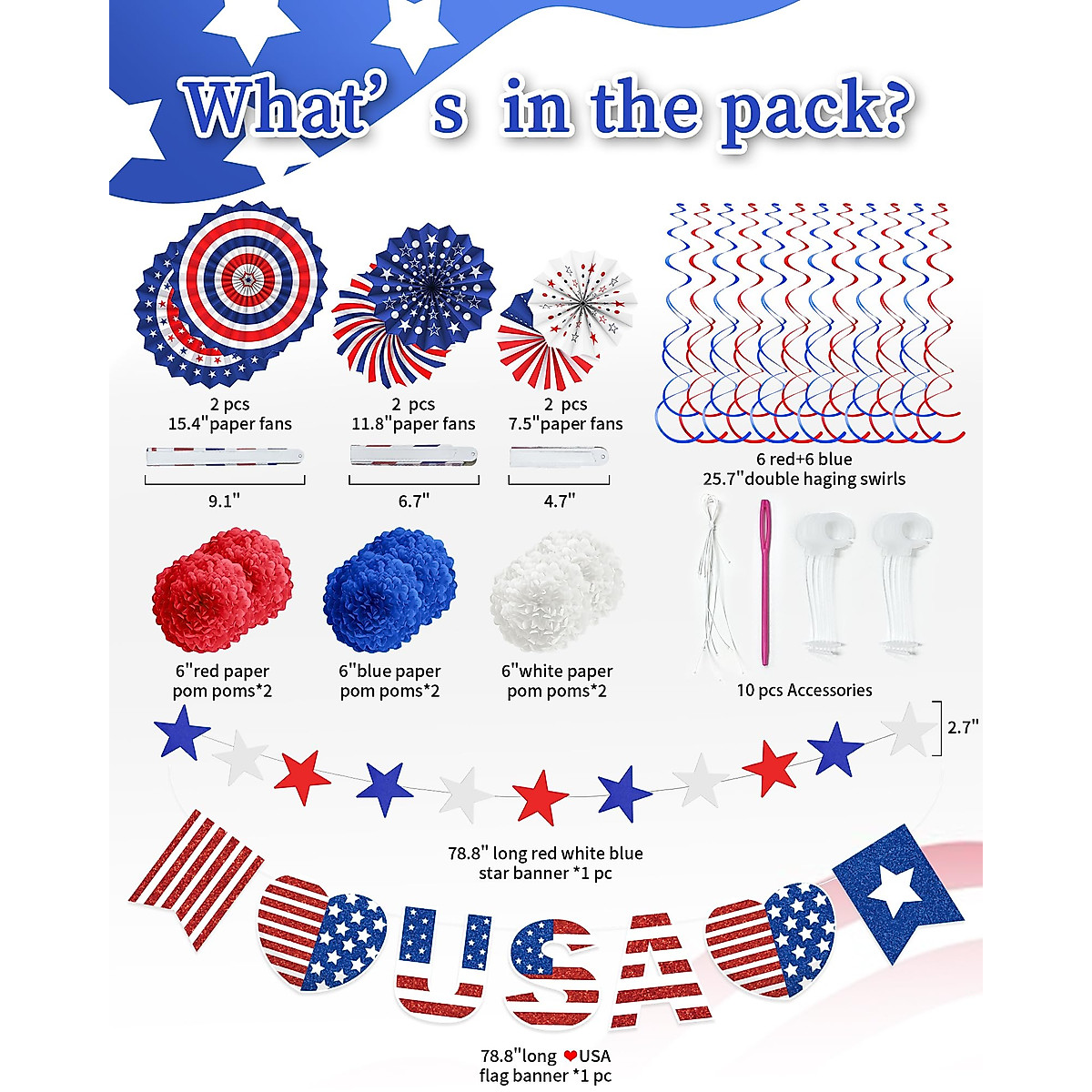 26 Pcs 4th of July Decorations Outdoor, Patriotic Decorations LOVE USA Banner Red White Blue Paper Fans Hanging Swirls Pompoms Independence Day Decor for Veterans Day, Memorial Day, Fourth of July