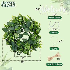 Artificial Eucalyptus Wreath with Welcome Metal Sign for Front Door 13" Faux Green Leaf Hanging Decor Farmhouse Porch Patio Garden Wedding Party Celebration Wall Home Table St Patricks Day Decoration