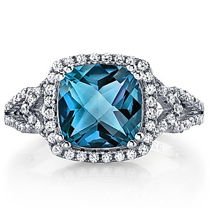 PEORA London Blue Topaz Enchanting Halo Solitaire Ring for Women 925 Sterling Silver, Natural Gemstone Birthstone, 2.75 Carats Cushion Cut 8mm, Size 9