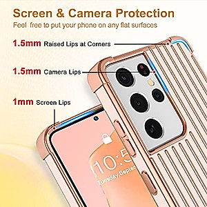 PTUONIU Kickstand Case for Samsung Galaxy S21 Ultra, [Two-Way Stand] [Reinforced Drop Protection] [Anti-Scratch] Slim Shockproof Stand Case with Camera Protector+Strap for Samsung S21 Ultra-Rose Gold
