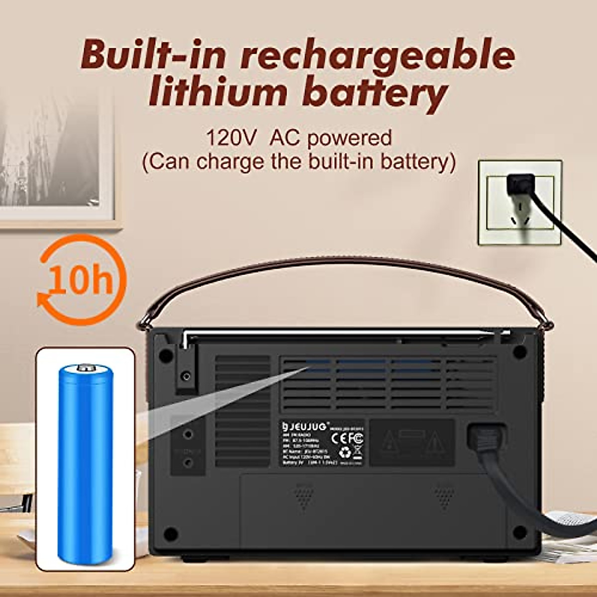 JEUJUG Radio Portable AM FM Radio Vintage/Retro, Bluetooth5.1 Speaker Built-in Rechargeable Battery, Plug in Wall or D Battery Operated Radio PU Leather Handle with Aux in/Headphone Jack