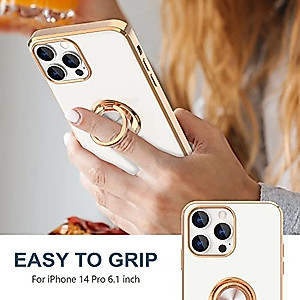Hython Case for iPhone 14 Pro Case with Ring Stand [360° Rotatable Ring Holder Magnetic Kickstand] [Support Car Mount] Plated Rose Gold Edge Slim Soft TPU Luxury Protective Phone Case Cover, White