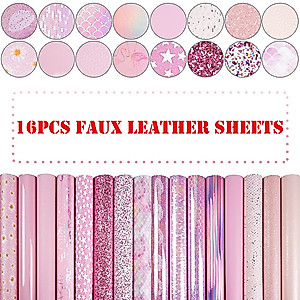 16 Pieces 8x6 Inch Pink and Baby Pink Series Faux Leather Fabric Sheets Include Metallic Litchi Fine Chunky Glitter Holographic Flamingo Patent Embossing Mermaid Scale for Leather Earring Bows Making