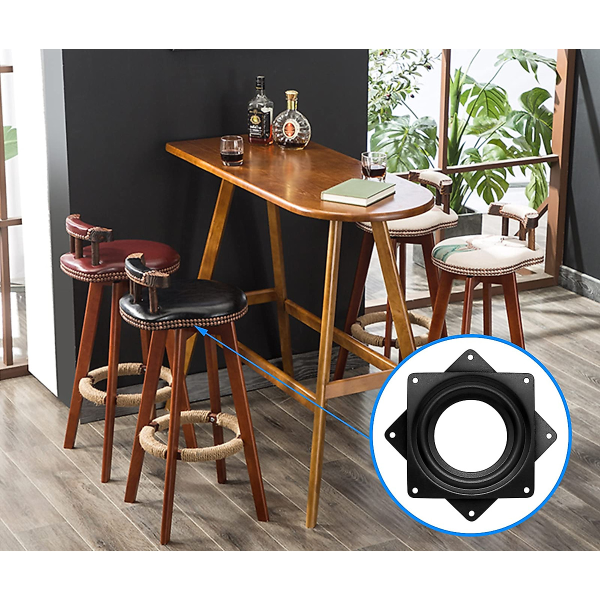 4 Pcs 4 Inch Square Rotating Bearing Plate, 300lbs Capacity Turntable Bearing Swivel Plate for Serving Trays, Kitchen Storage Racks, Makeup Holder - 5/16-Inch, Thick Black