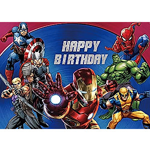 Cartoon Superhero Theme Photography Backdrop Happy Birthday Party Banner Photo Background 5x3FT Cake Table Decoration Studio Booth Props