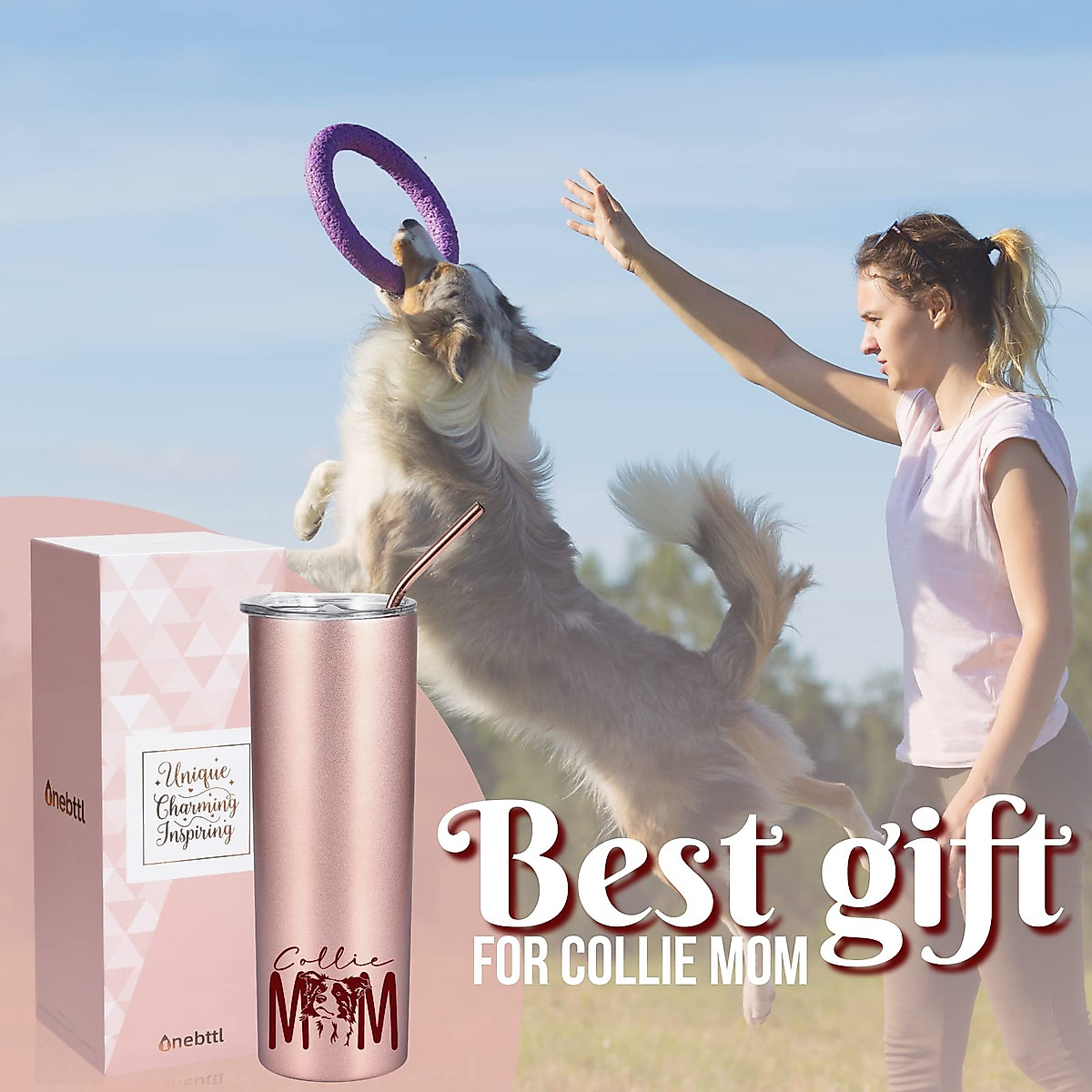 Onebttl Dog Mom Gifts, Dog Lover Gifts for Women, Best Dog Mom Ever, 20 oz Rose Gold Insulated Tumbler - Border Collie Mom